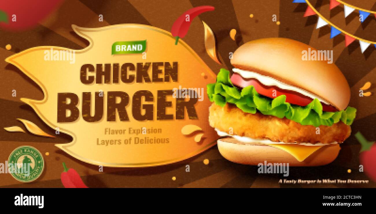 Spicy chicken burger ad banner in 3d illustration over party background ...