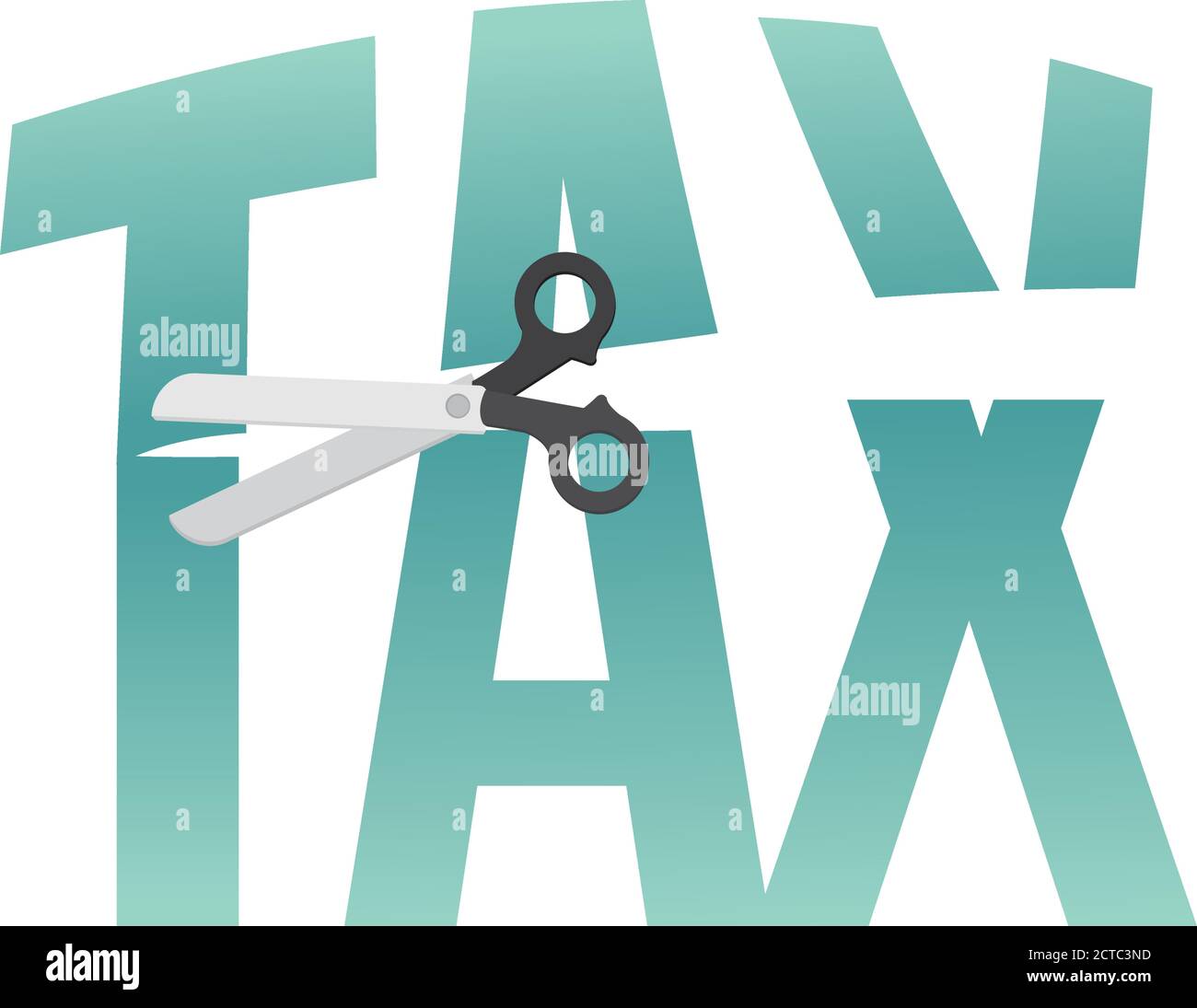 Illustration of a scissors cutting across a giant tax text. Concept of ...
