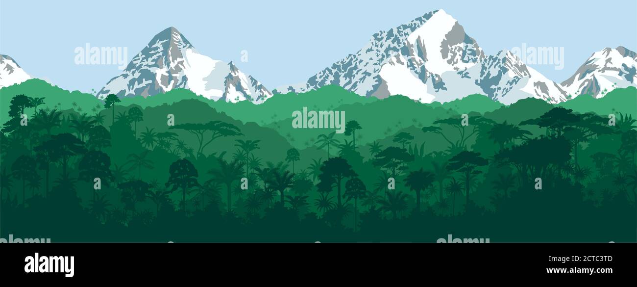Vector horizontal seamless tropical rainforest Jungle with mountains ...