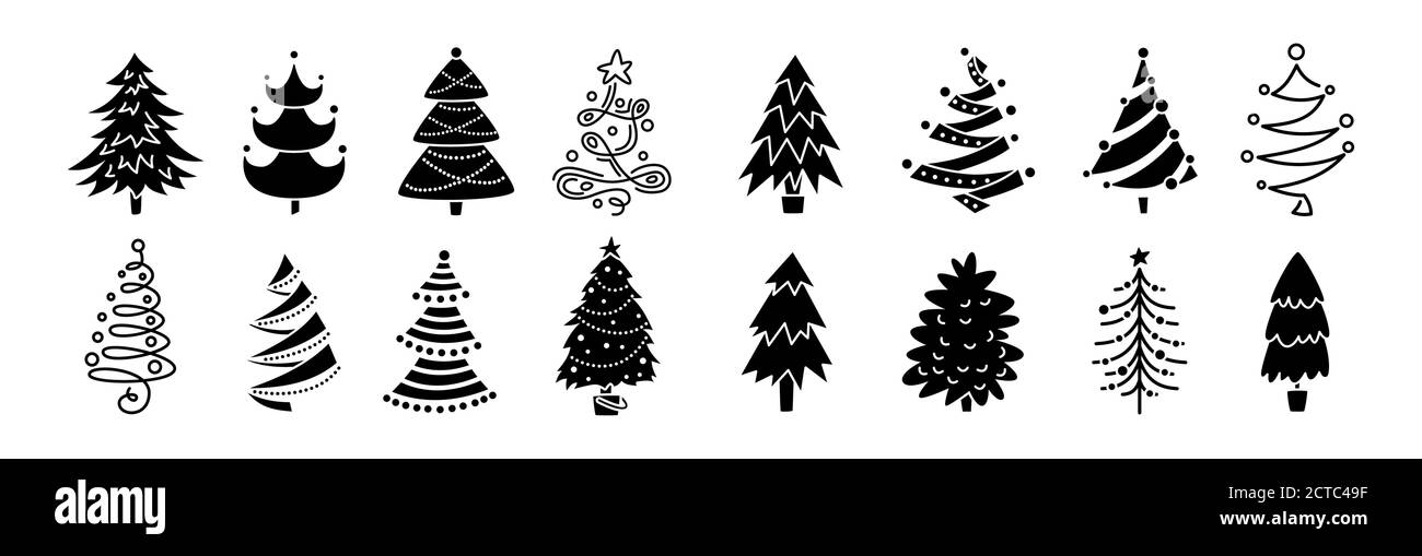 Collection Christmas tree black glyph. Hand drawing monochrome xmas ...