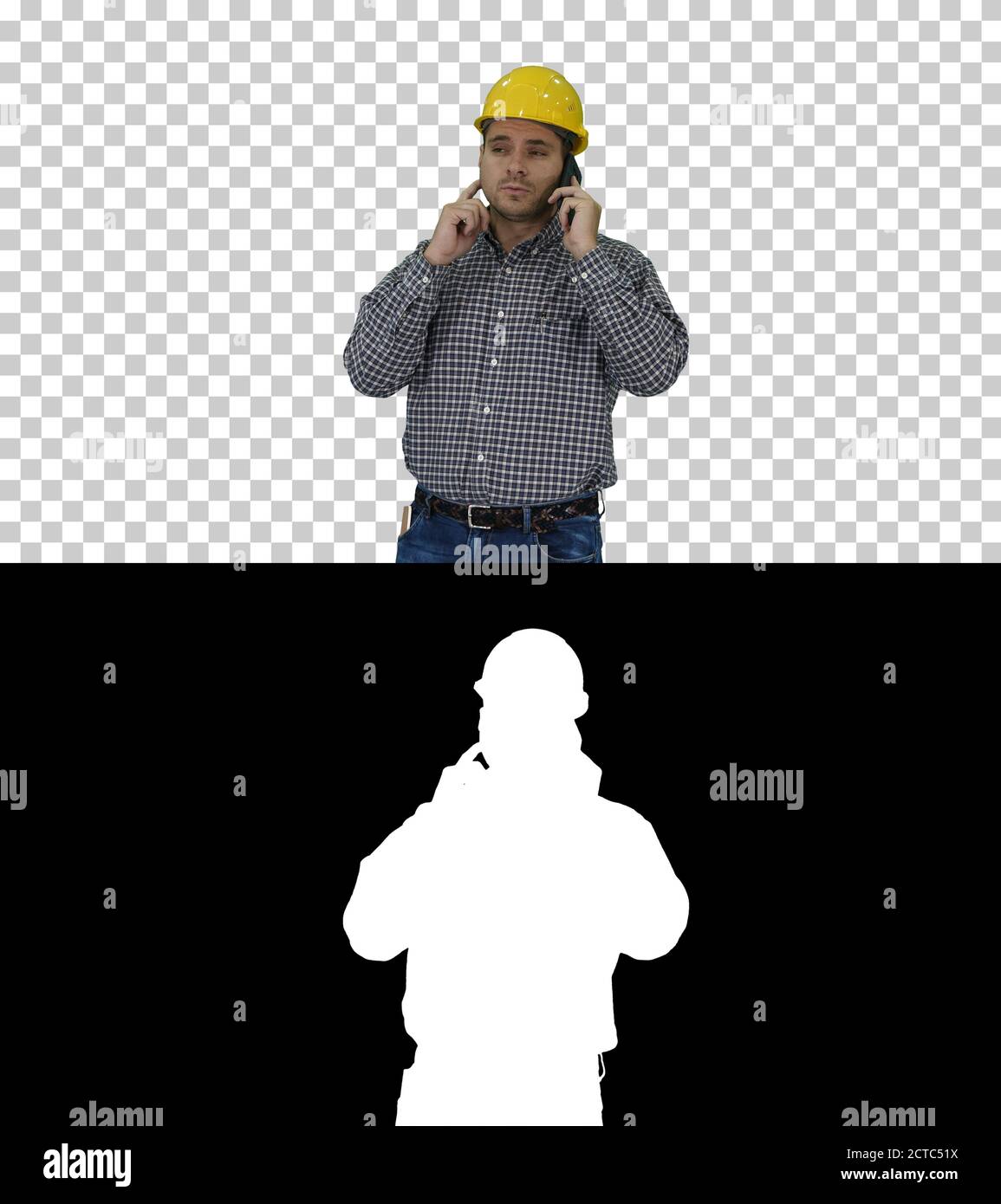 Construction worker using smartphone, Alpha Channel Stock Photo - Alamy