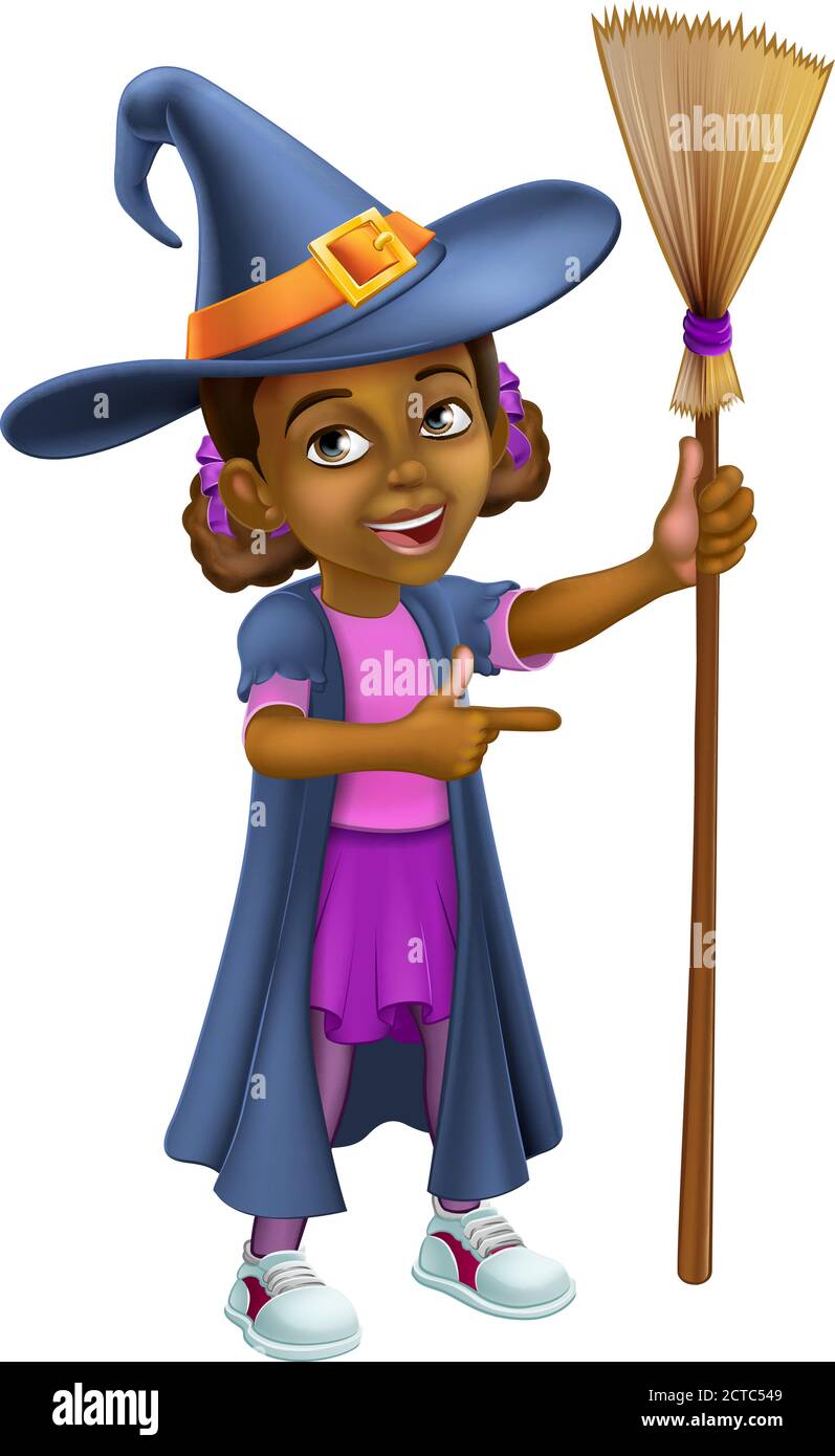 Black Girl Cartoon Child Halloween Witch Pointing Stock Vector Image ...
