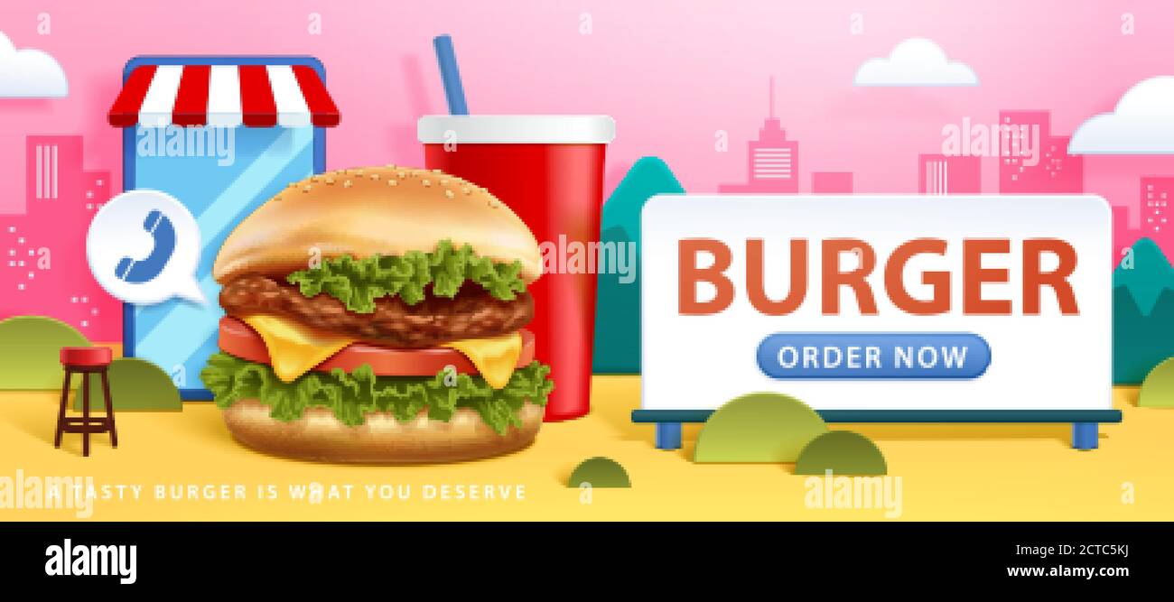 Fastfood restaurant ad banner in 3d illustration over city background ...