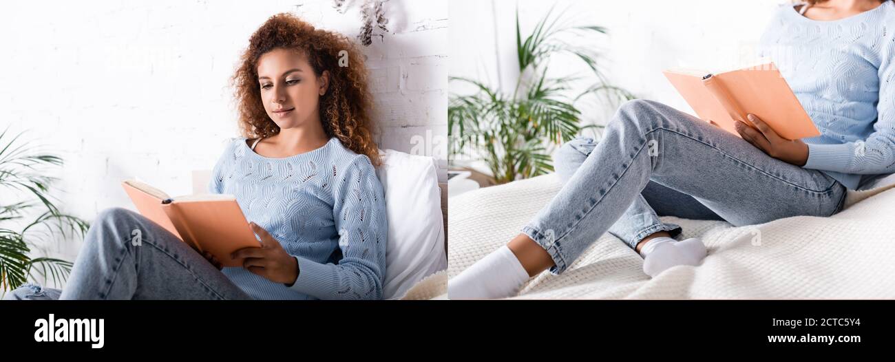 Collage of young curly woman reading book while sitting on bed Stock ...