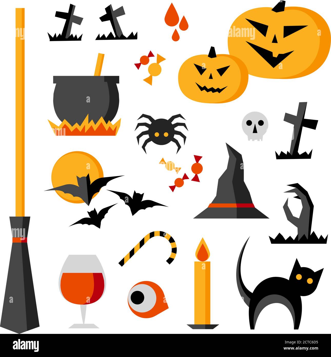 Halloween vector items set: pumpkin, bats, cat, spider, cauldron, skull ...
