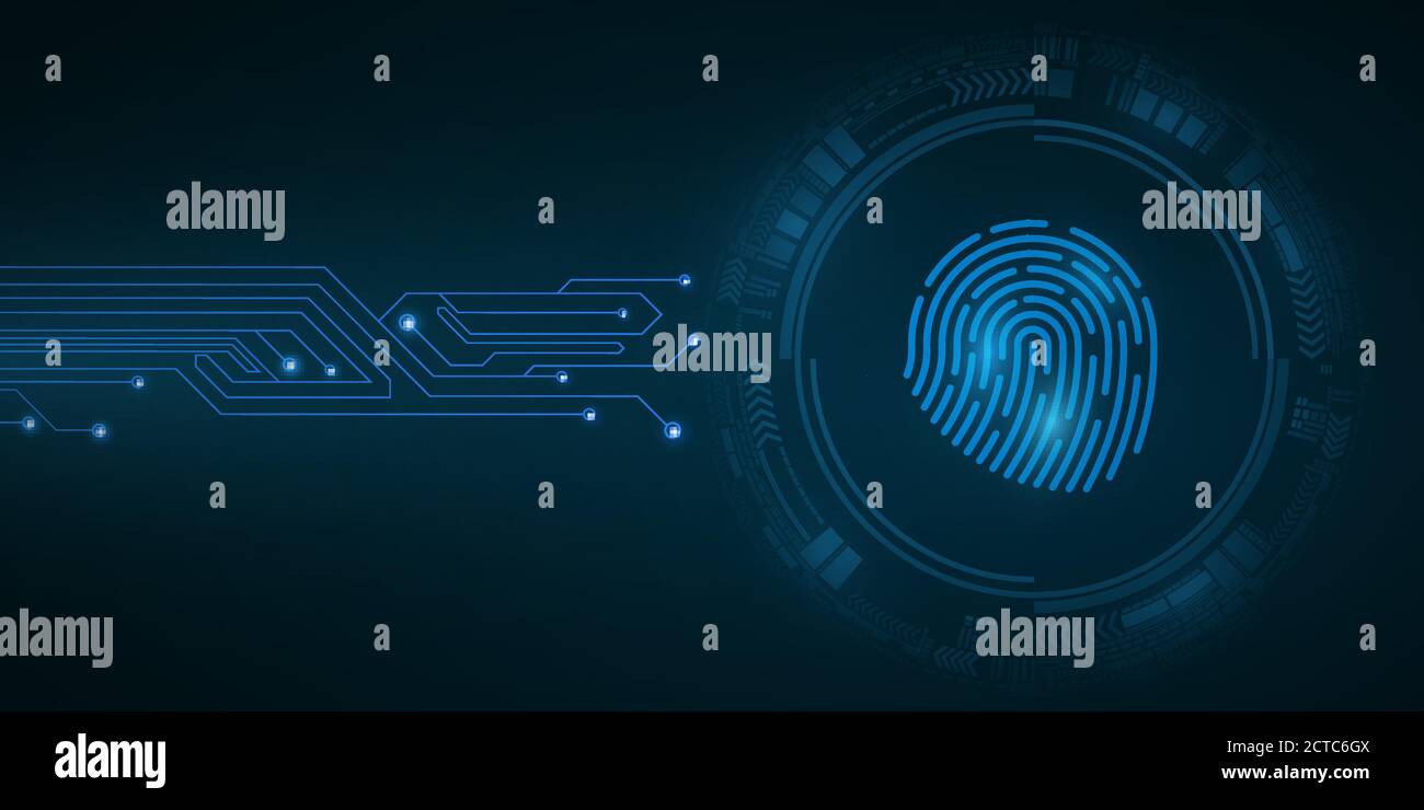 High-tech fingerprint for computer system security with HUD interface elements. Scan for padlock ...