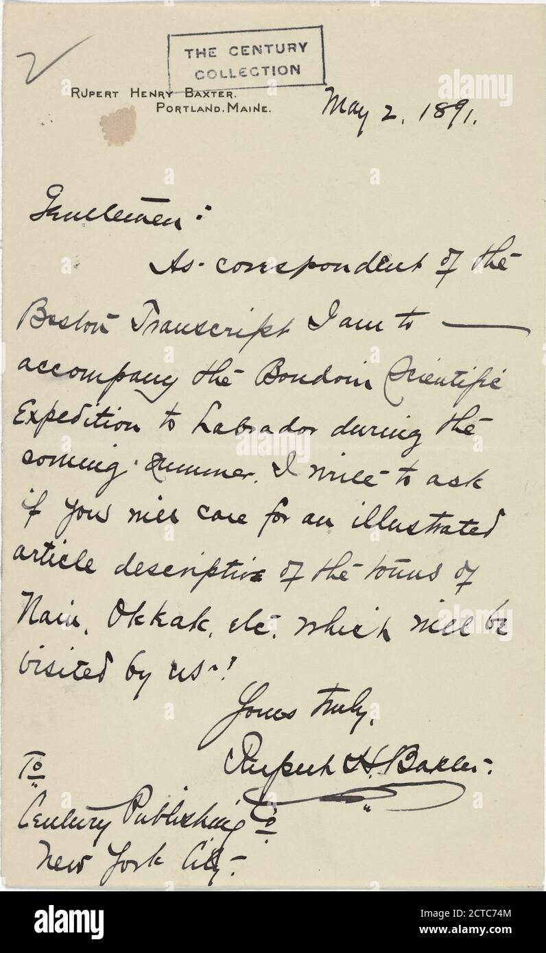 Baxter, Rupert H., text, Correspondence, 1891 Stock Photo - Alamy