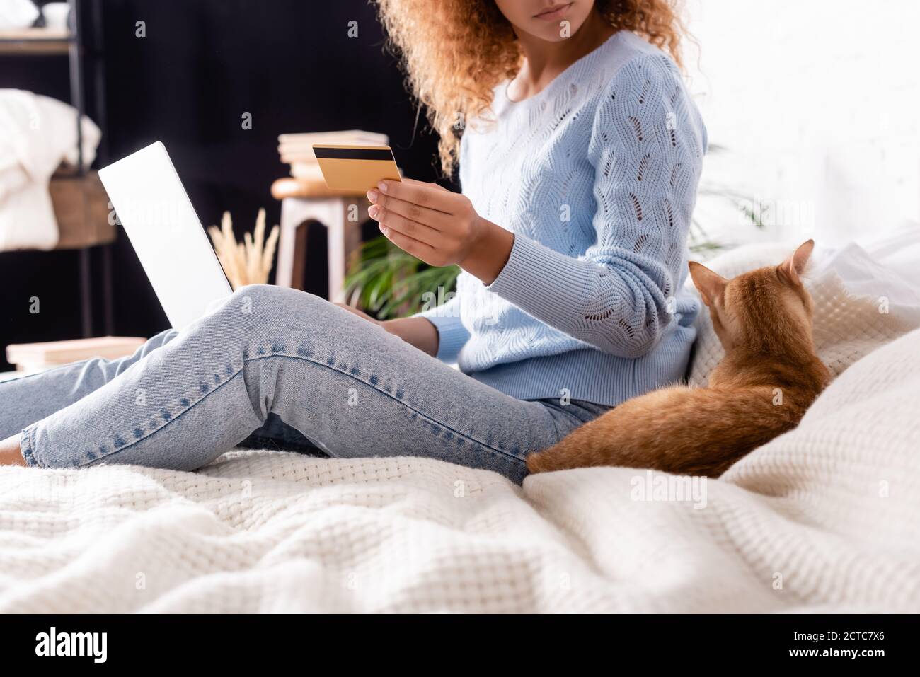 Cropped view of cat lying near woman using laptop and credit card in ...