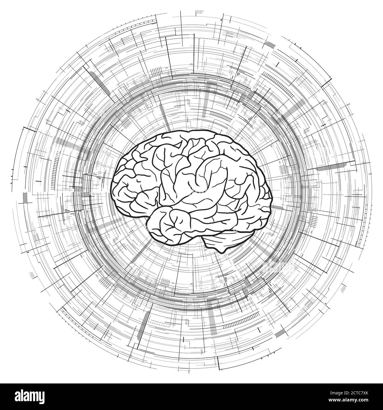Human brain on technical circular background. Microchips. Blueprint ...
