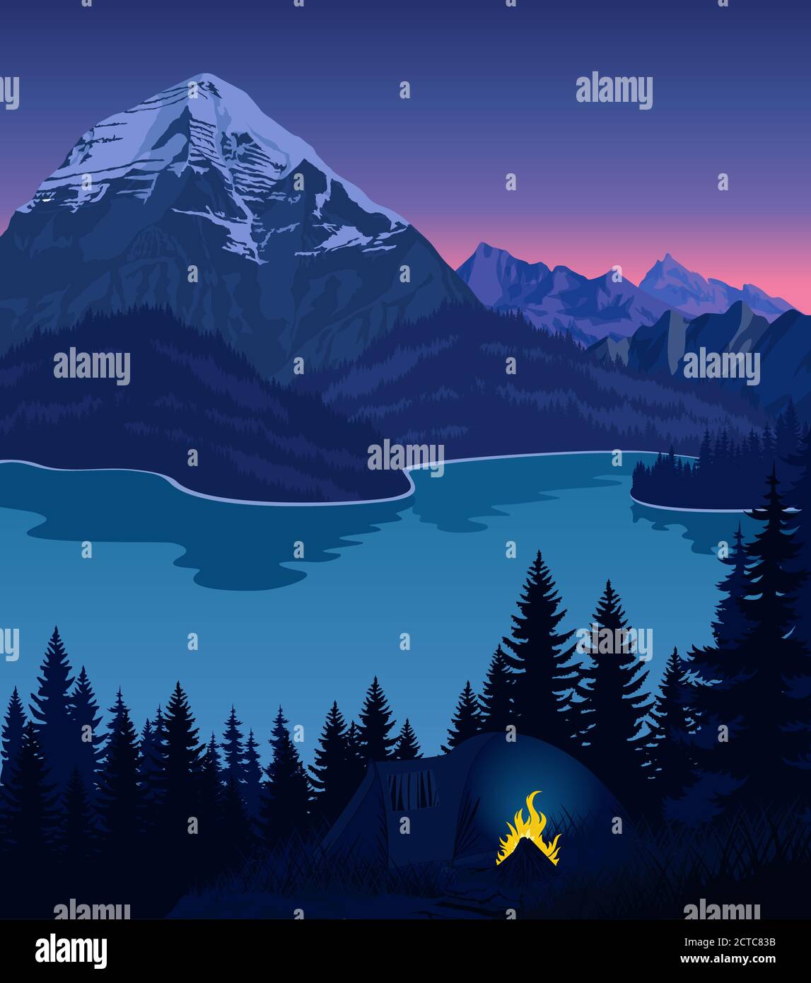 Vector evening lake in mountains Stock Vector Image & Art - Alamy
