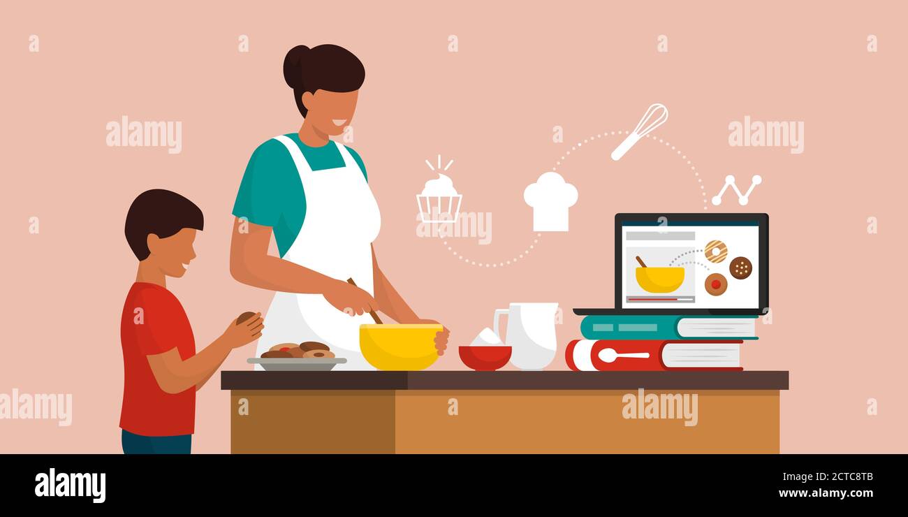 Mother and son cooking cookies together at home and learning new recipes online Stock Vector ...