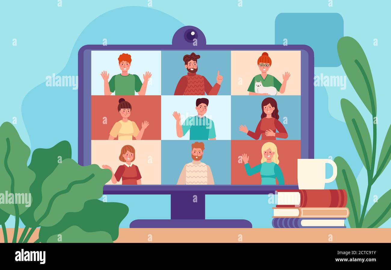 Video conferencing. Computer screen with group colleagues, virtual work ...