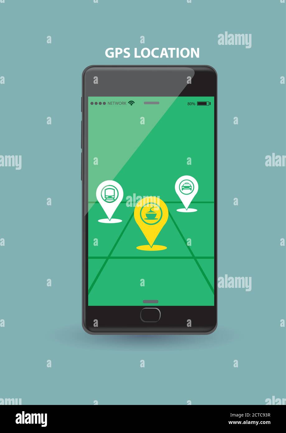 Vector illustration of a smart wireless mobile phone showing GPS ...
