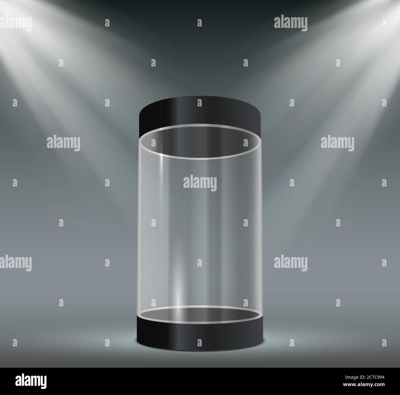 Glass cylinder showcase. Transparent plastic case, empty product or ...