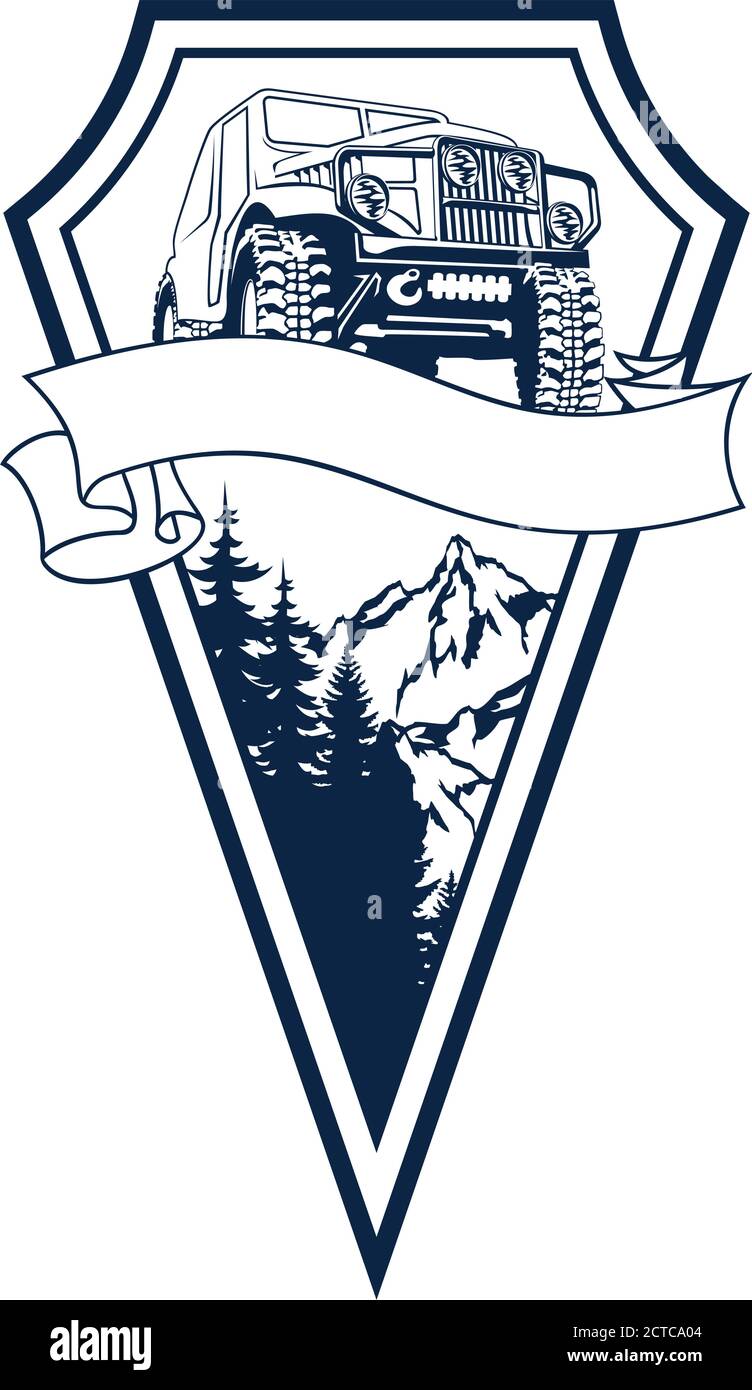 Vector emblem with 4x4 vehicle off-road car and mountains Stock Vector ...