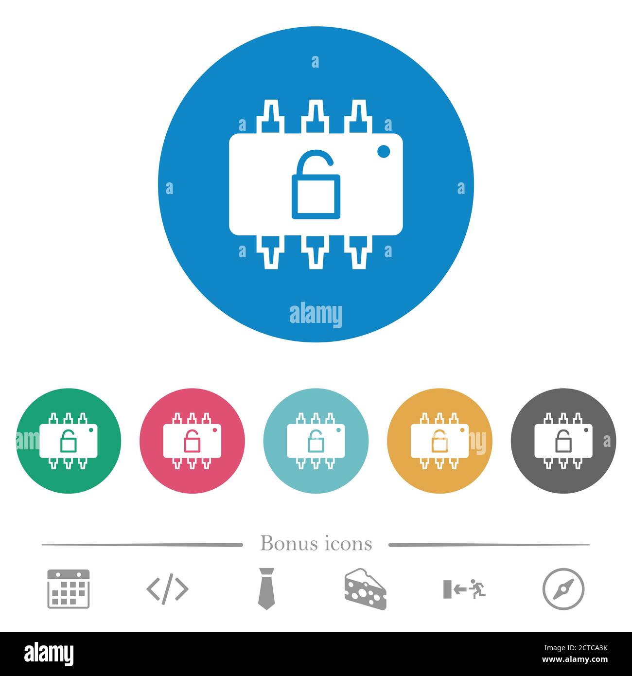 Hardware unlocked flat white icons on round color backgrounds. 6 bonus ...
