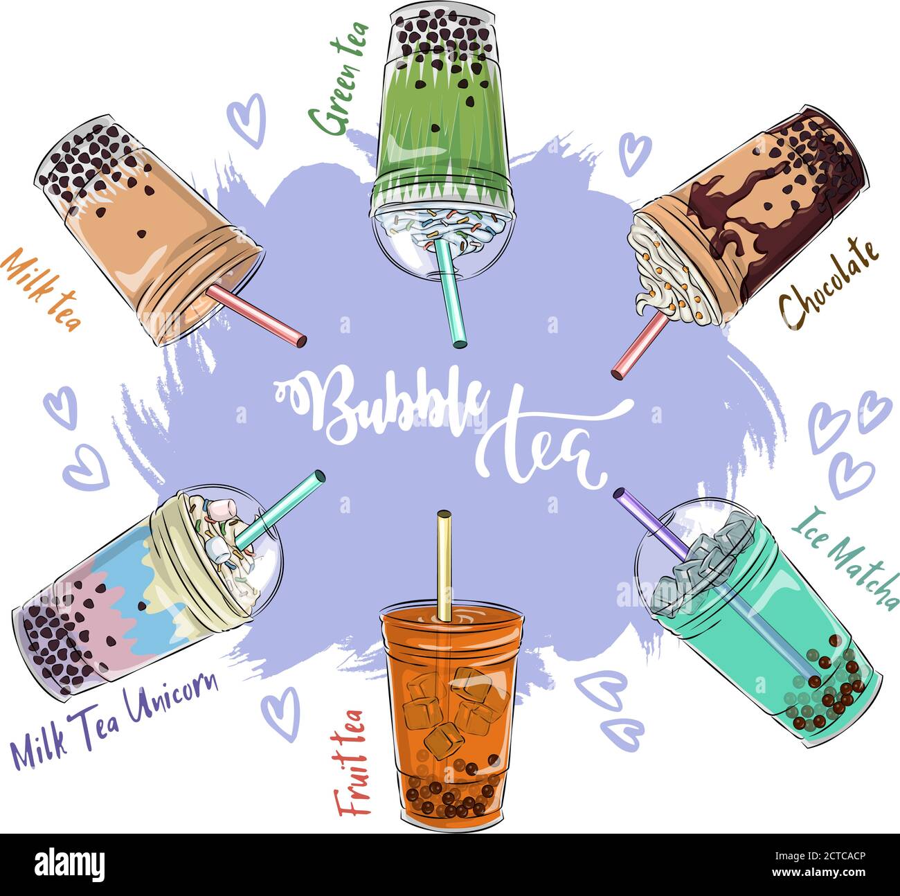 Set of different milkshakes. Chocolate, cherry, strawberry, vanilla and ...