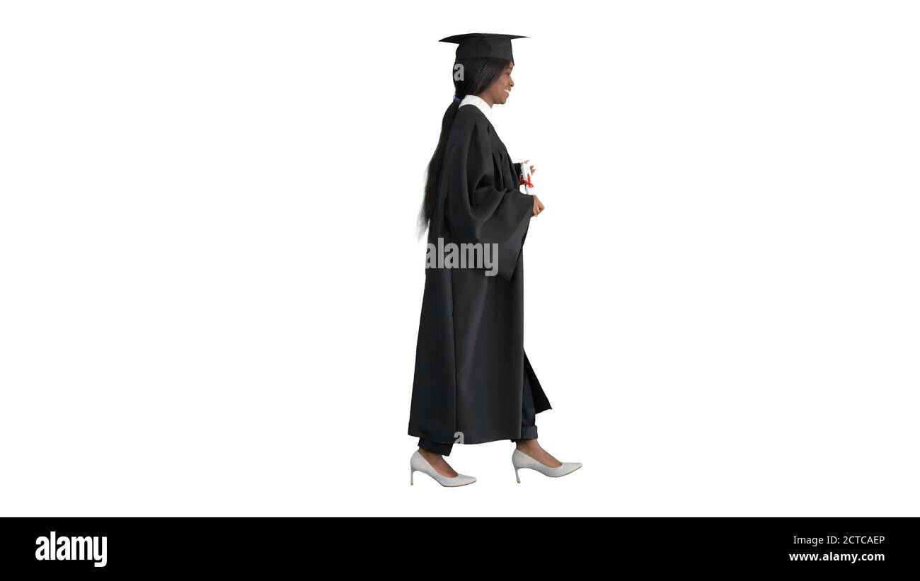 Young african graduate student walking and laughing on white bac Stock ...