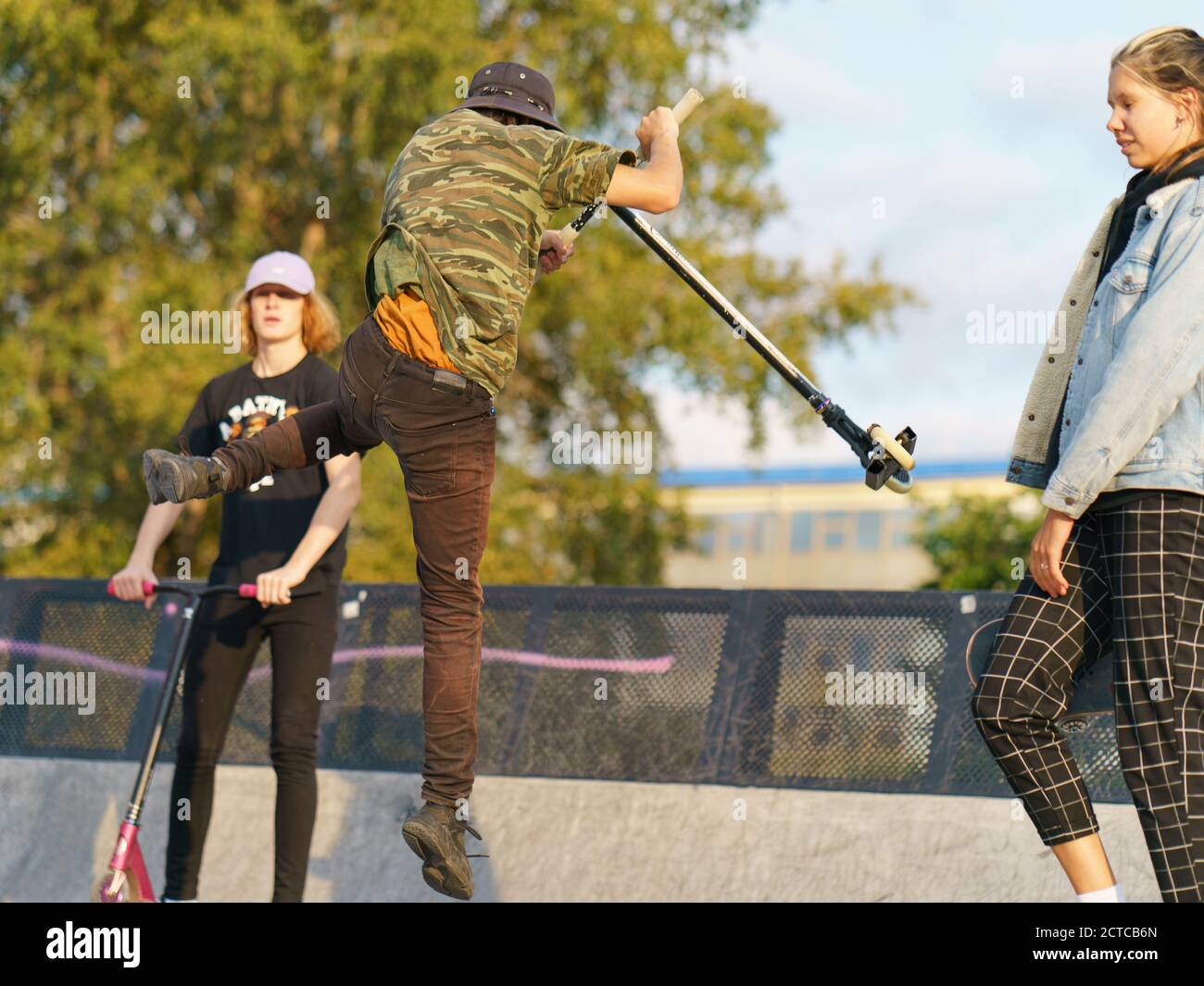 Moscow, Russia - September 11, 2020: Teenager performs a trick in the ...
