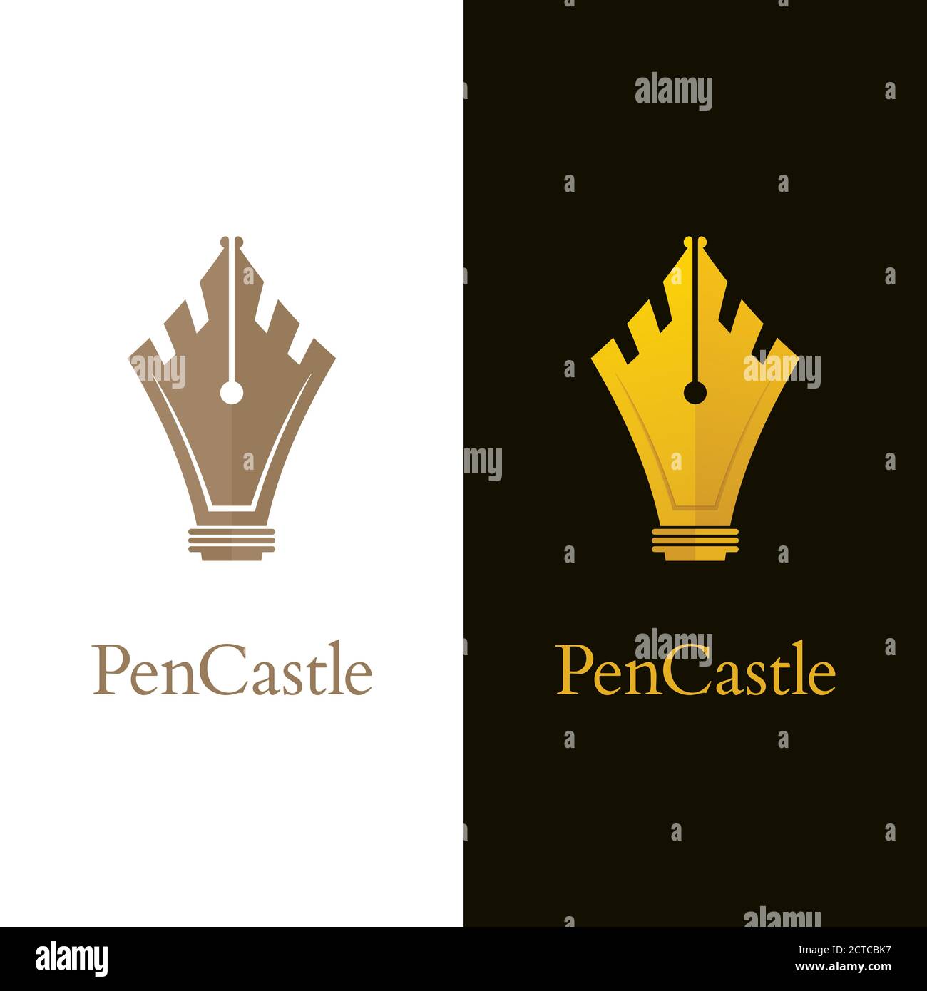 Gold colored pen icons with castle symbols. Luxury logo designs Stock ...