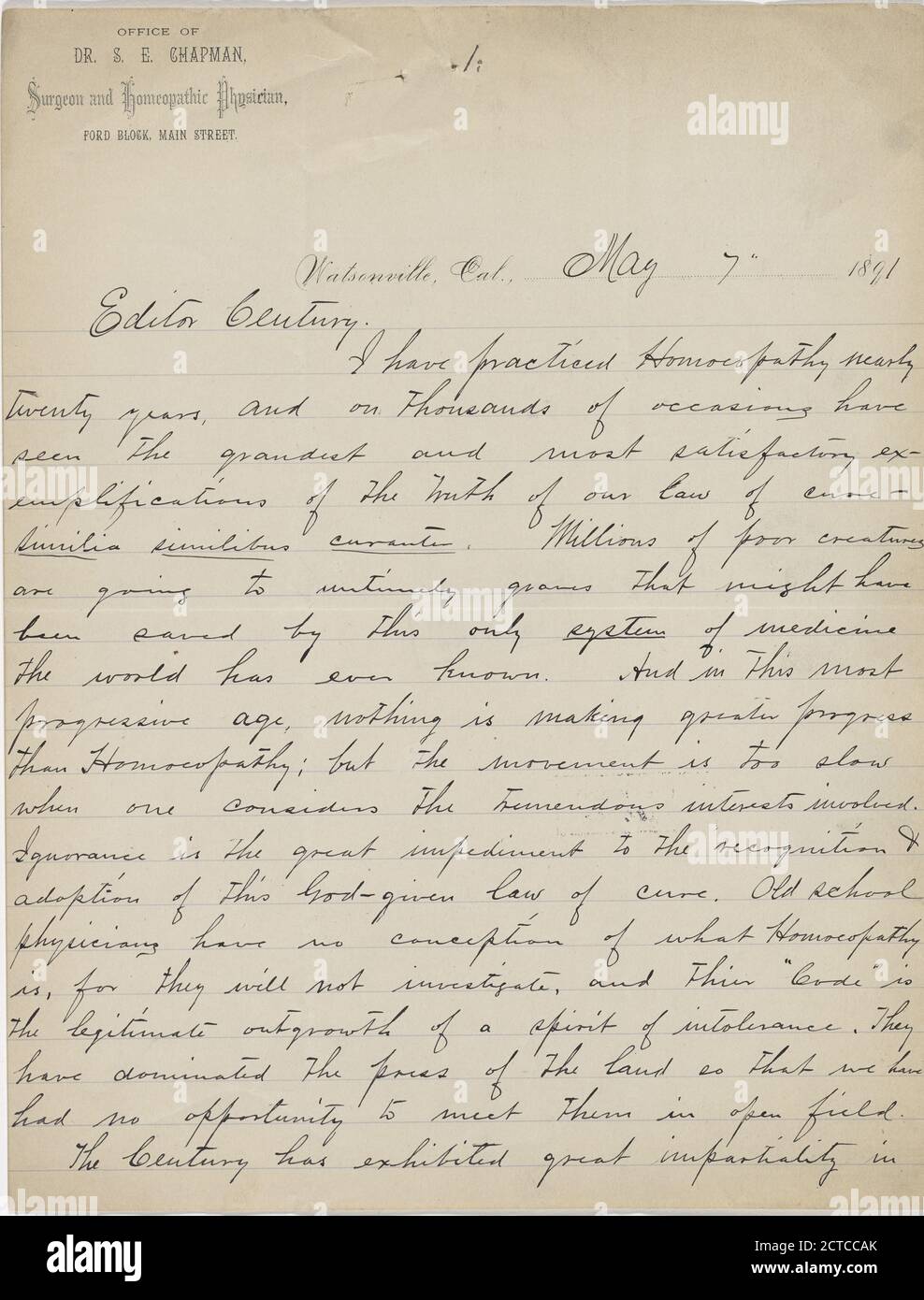 Chapman, S.E, text, Correspondence, 1891 Stock Photo - Alamy