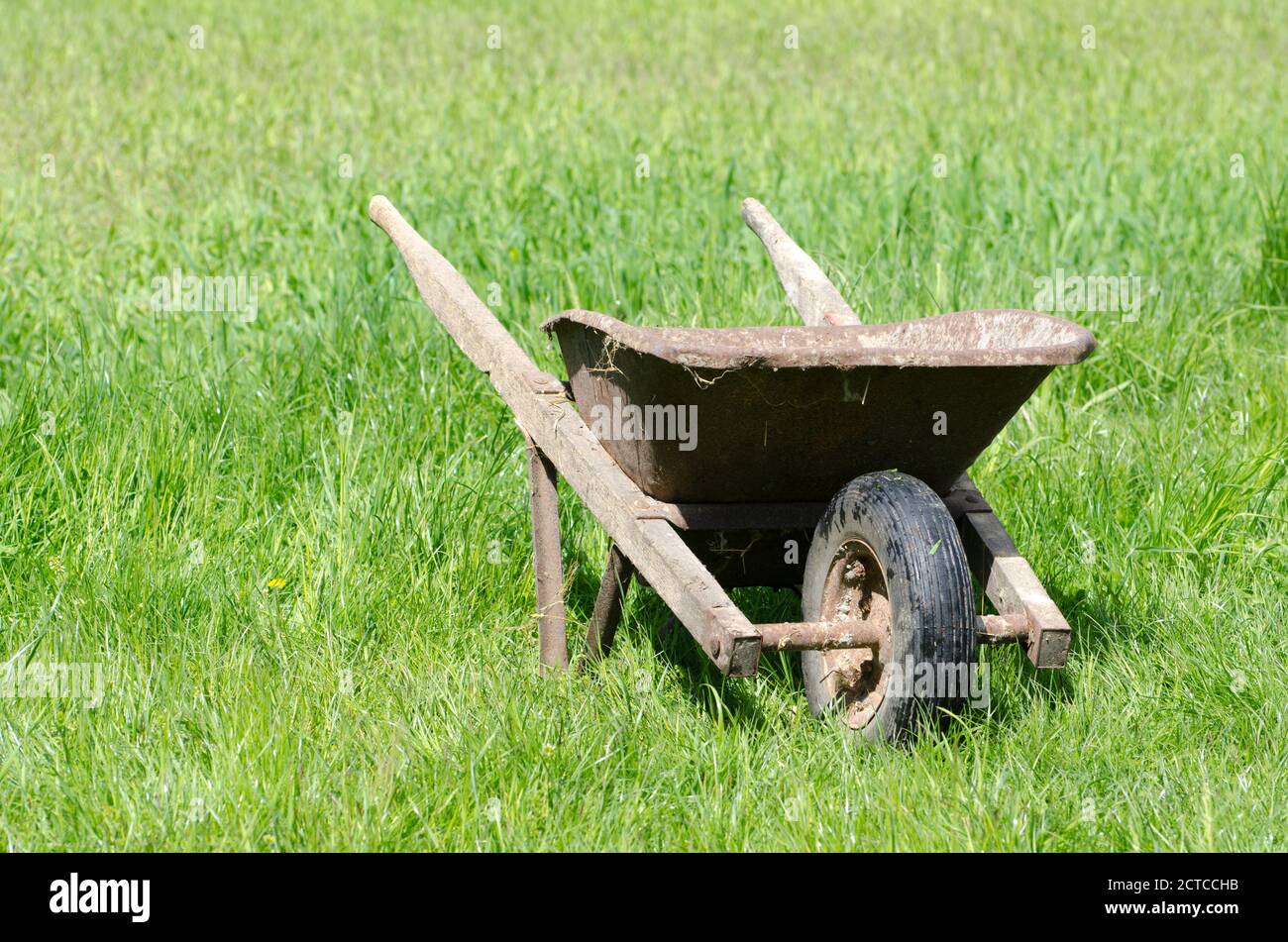 Wheelbarrow on the Green Field Stock Photo - Alamy