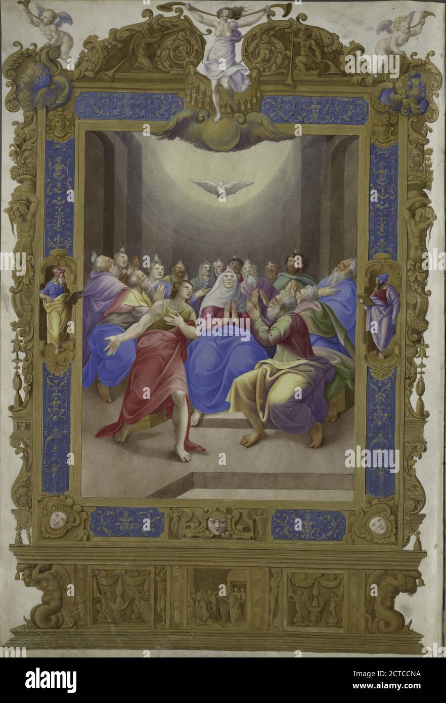 Full-page miniature of Pentecost. Elaborate full border with human ...