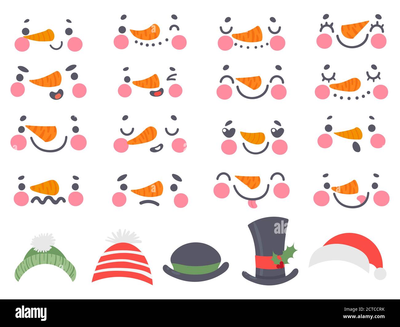 Snowman faces. Cute christmas snowmen heads with carrot nose, eyes and ...