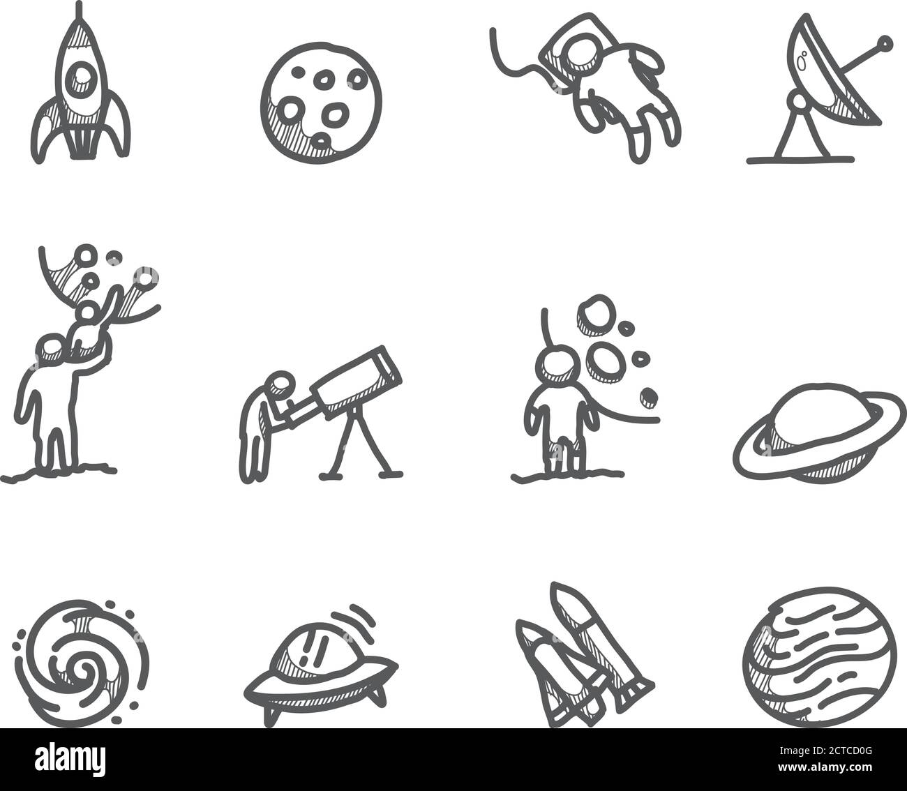Space icons in sketches. Outer space science hand drawn doodles Stock ...