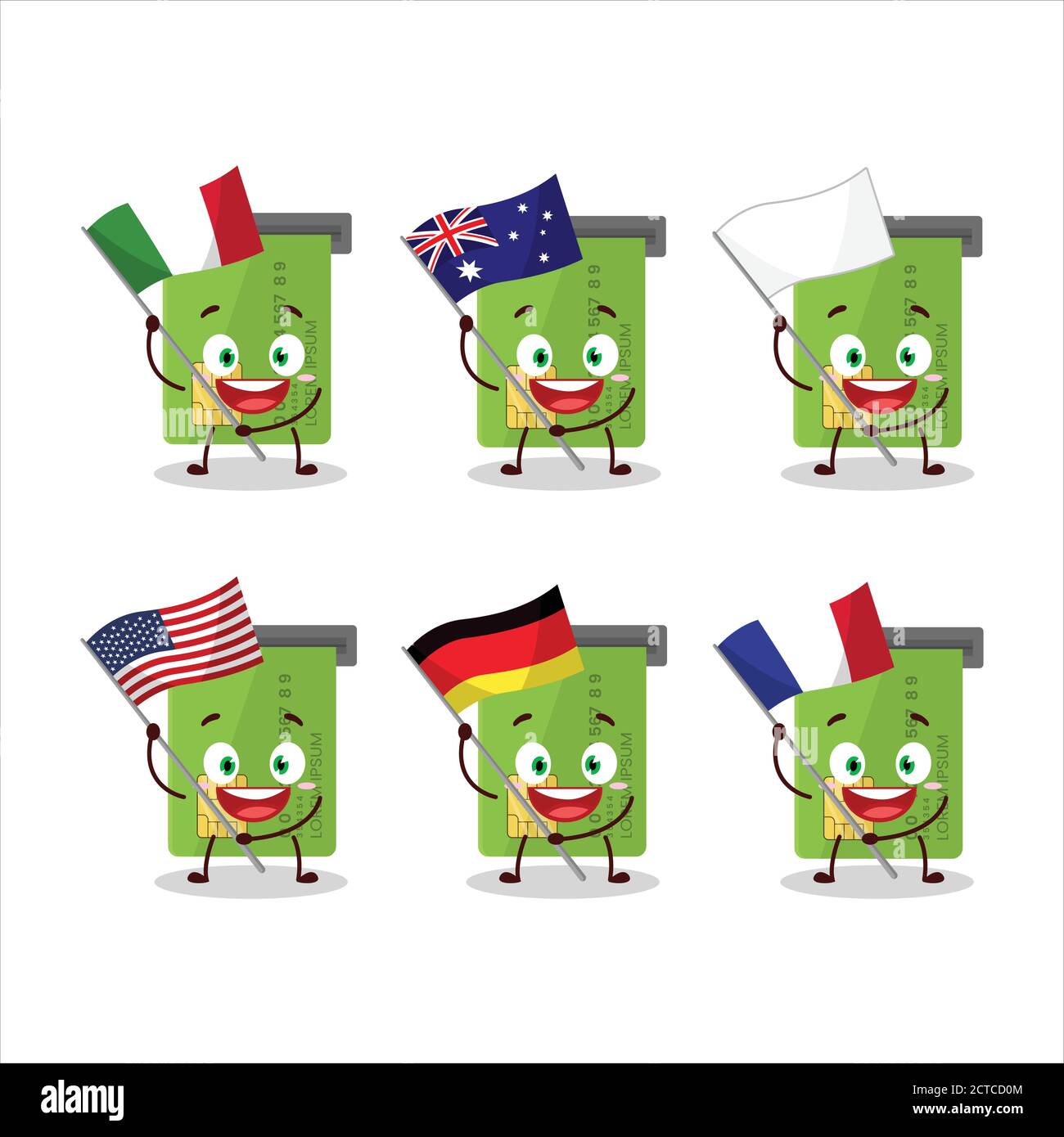 ATM card slot cartoon character bring the flags of various countries ...