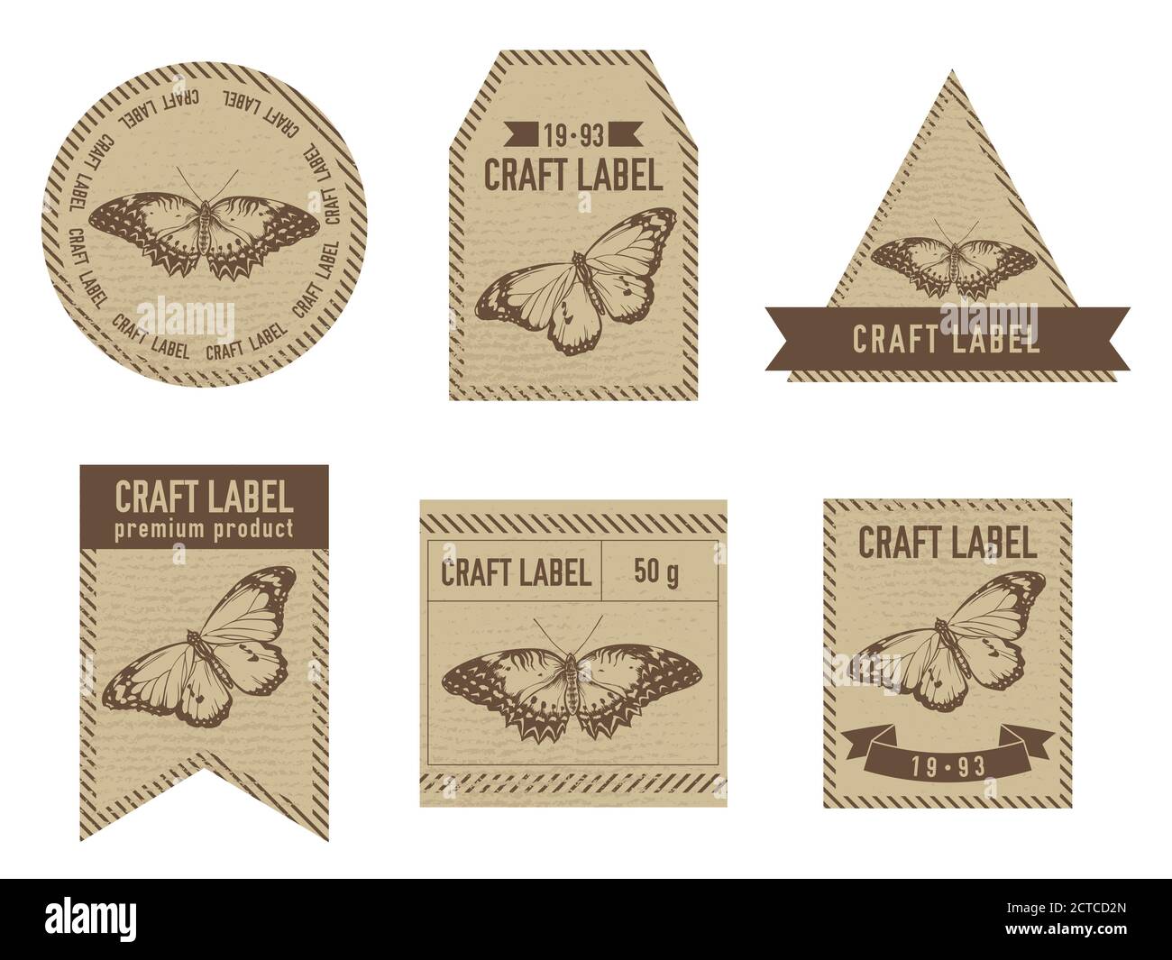 Craft labels vintage design with illustration of red lacewing, plain ...