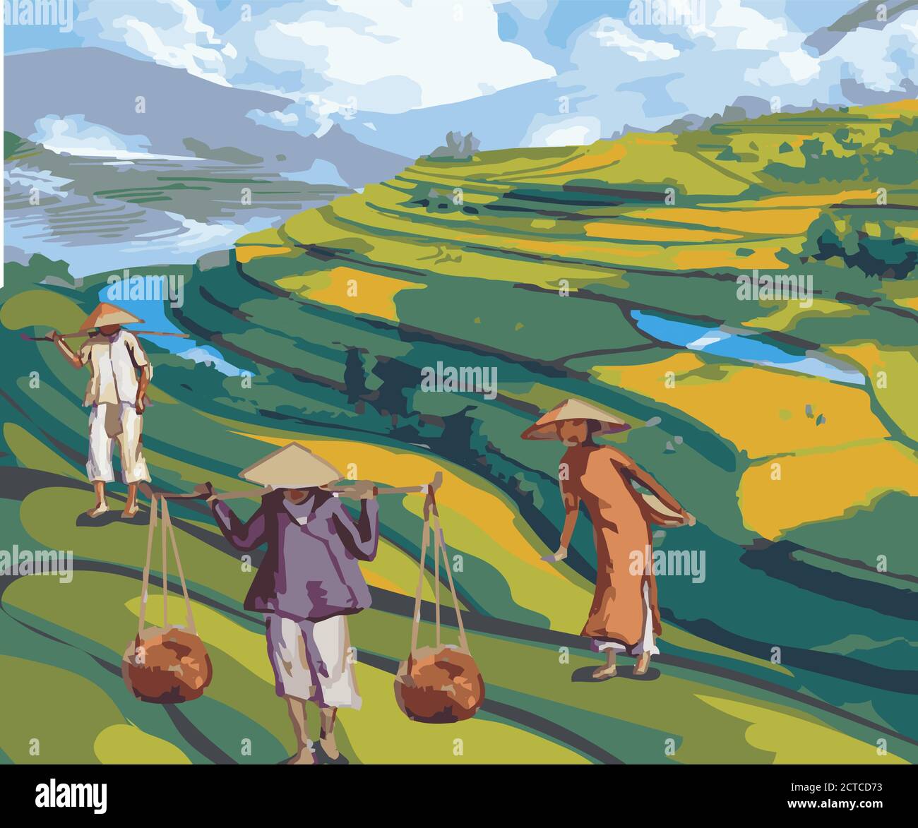 Illustration of farmers planting rice in the fields, rice field ...