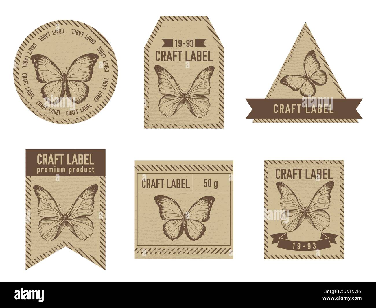 Craft labels vintage design with illustration of menelaus blue morpho ...