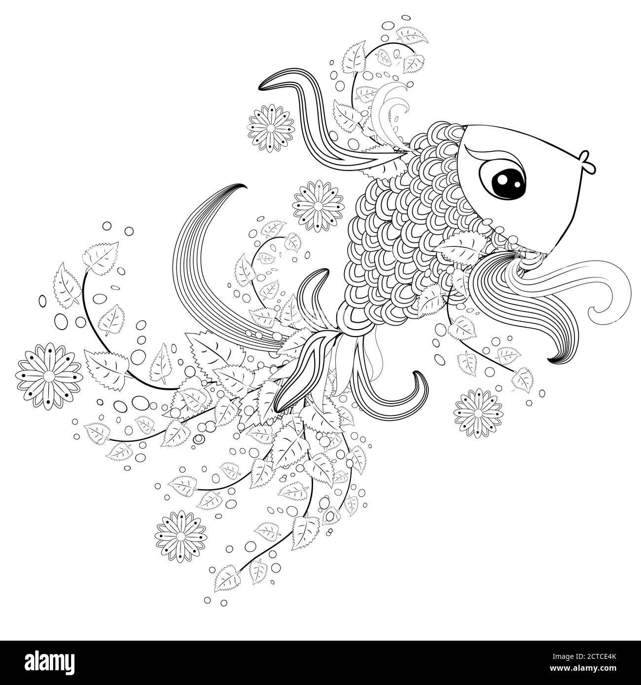 ornamental graphic fish, floral line pattern. Zentangle. Coloring book ...