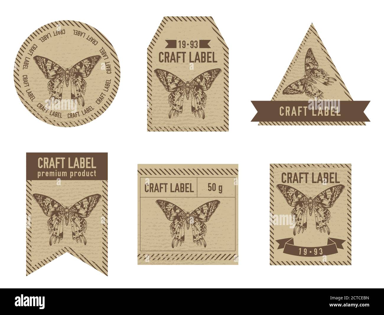 Craft labels vintage design with illustration of madagascan sunset moth ...