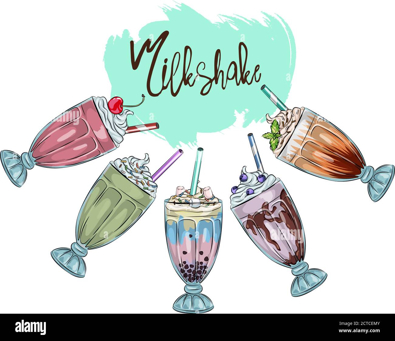Set of different milkshakes. Chocolate, cherry, strawberry, vanilla and ...