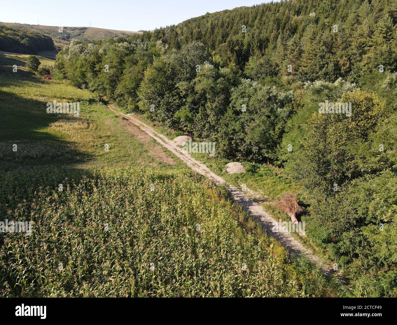 Aerial view of rural Romania, with houses, lakes, green forest and ...