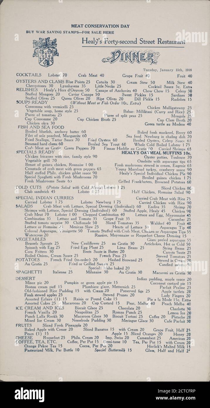 Healy's Forty-second Street Restaurant, text, Menus, 1900 Stock Photo ...