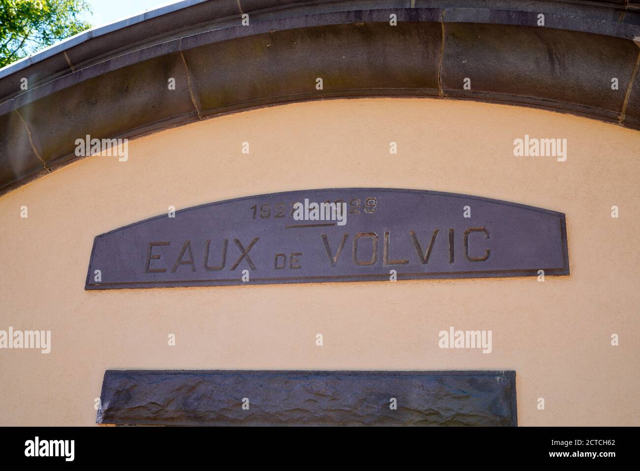 volvic , puy de dome / France - 08 16 2020 : volvic sign on the wall of ...