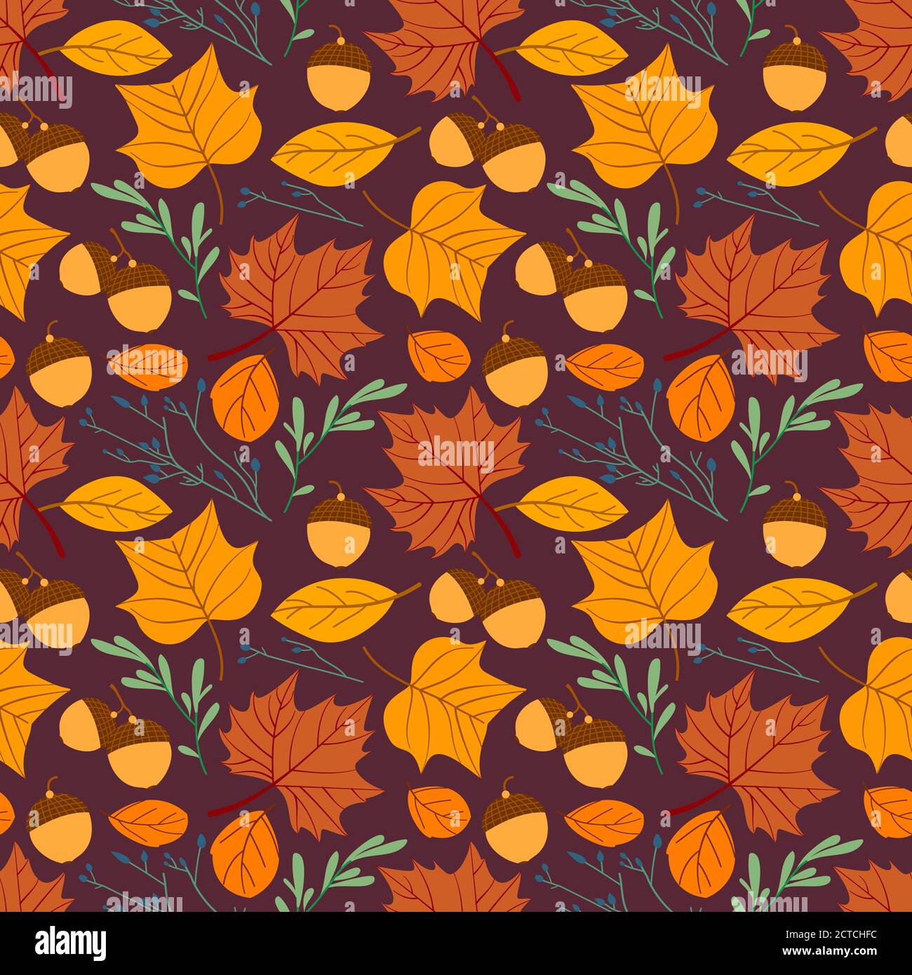 Seamless repeating pattern with leaves, acorns and branches on cream ...