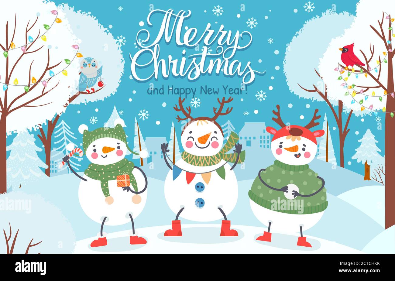 Snowman. Cute funny snowmen in winter clothes with gift and snowball ...