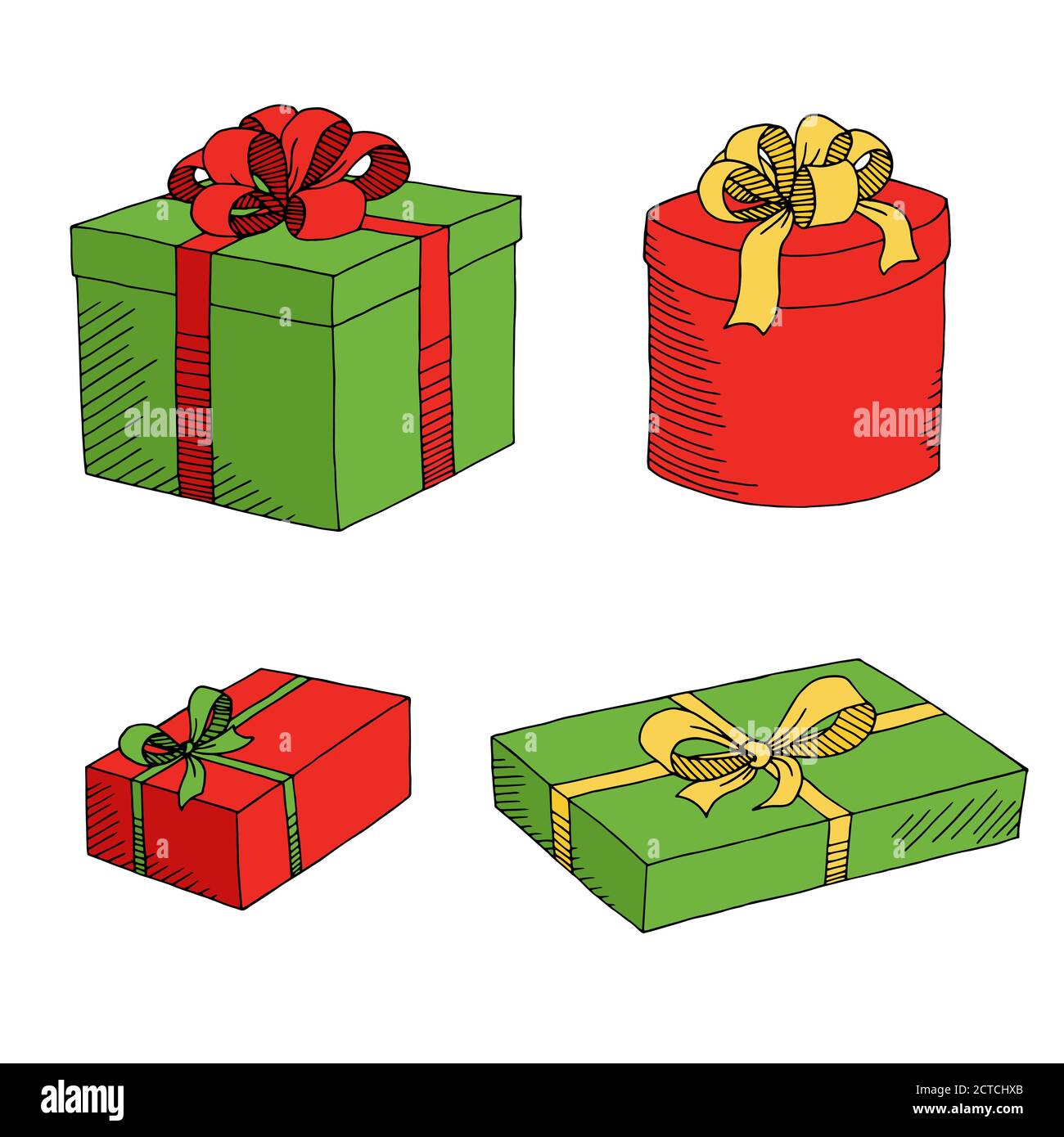 Present box graphic set green red yellow color isolated sketch ...