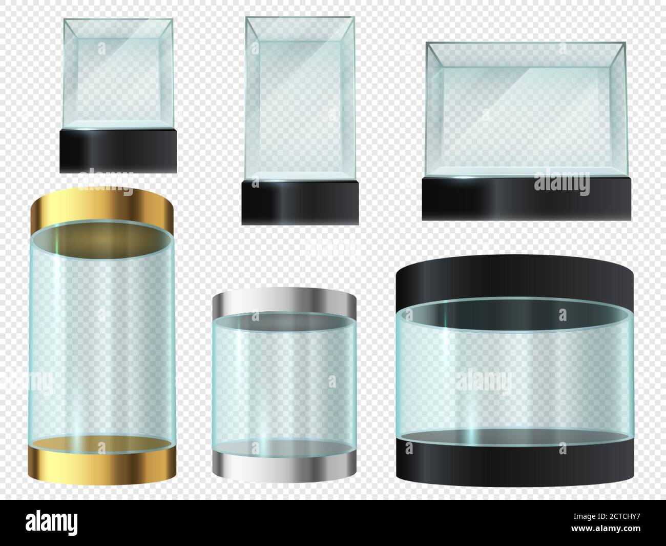 Glass showcase. Cylinder and cube empty transparent museum podiums ...