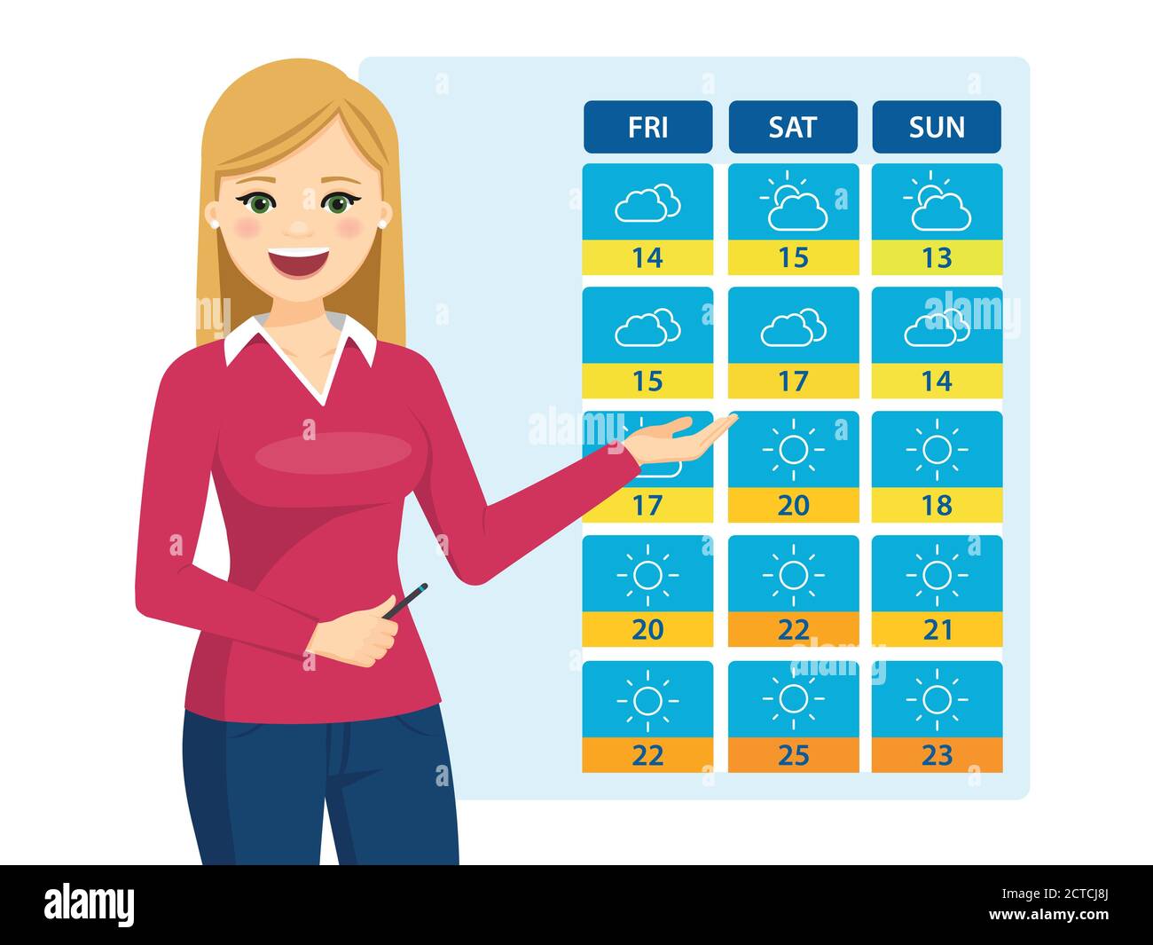 Blonde weatherwoman smiling in a weather presentation. People vector ...