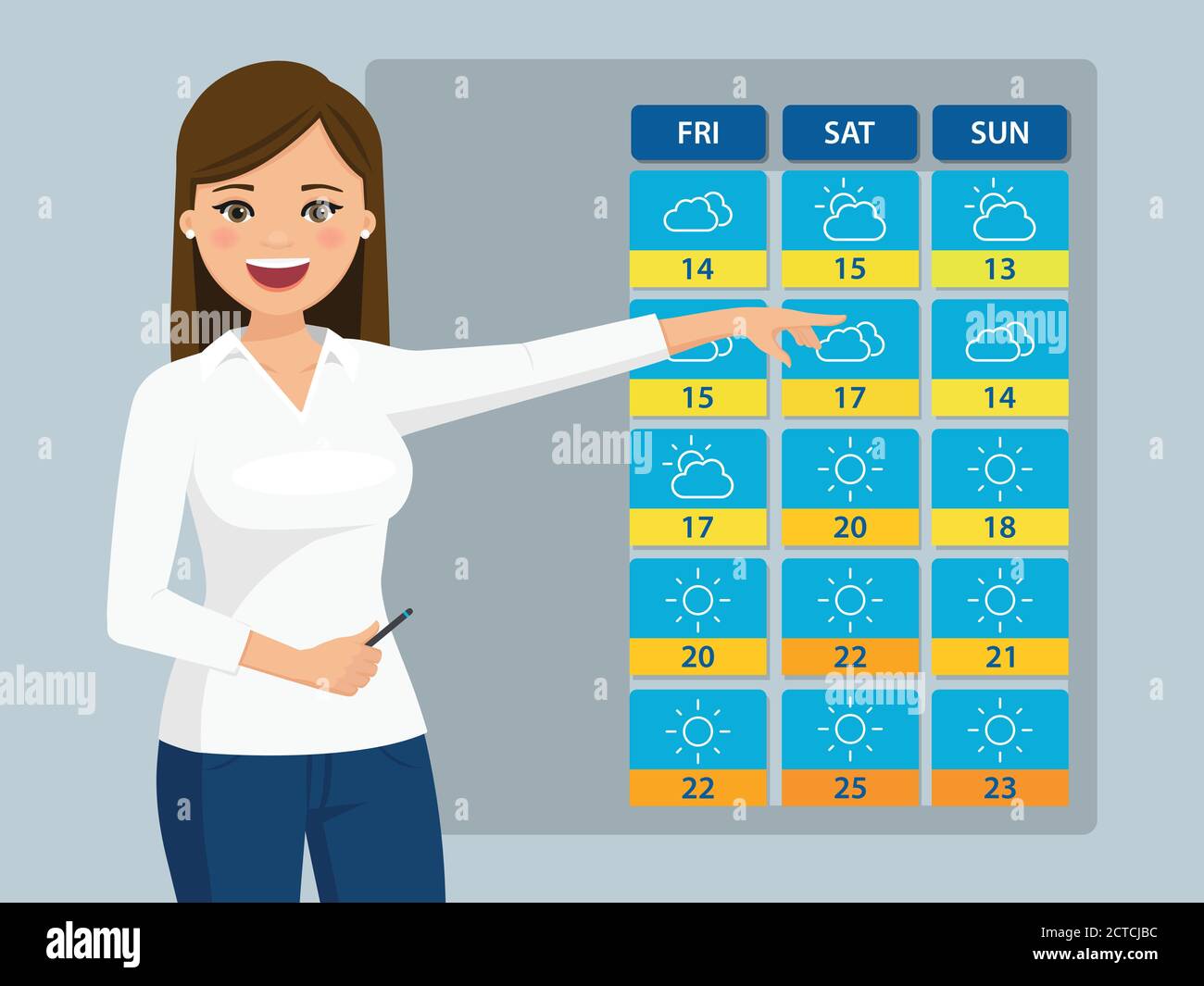 Weatherwoman smiling in a weather presentation. People vector ...