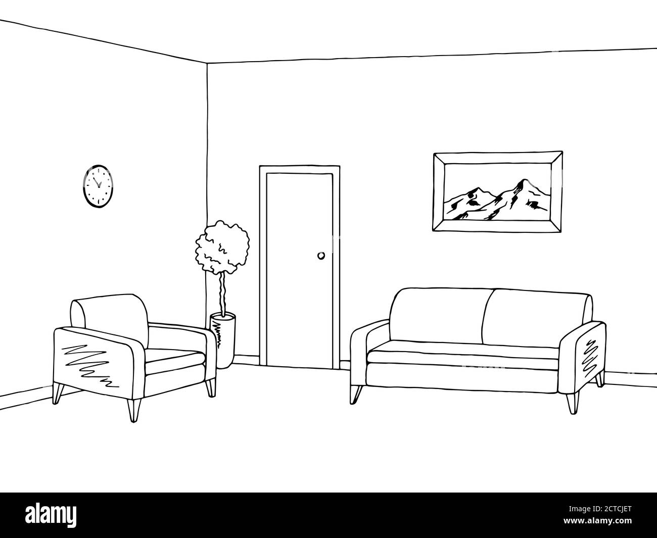 Waiting room graphic black white interior sketch illustration vector ...