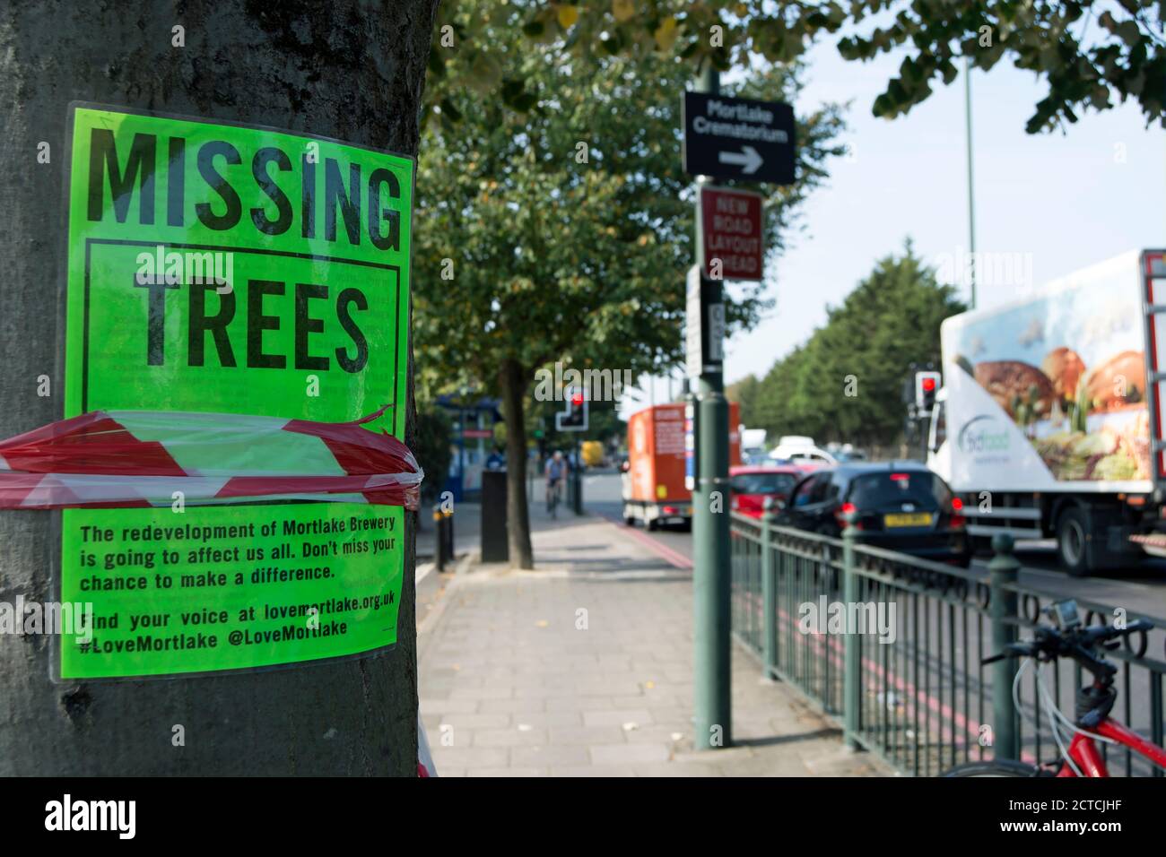 missing trees notice at chalkers corner, mortlake, london, england ...