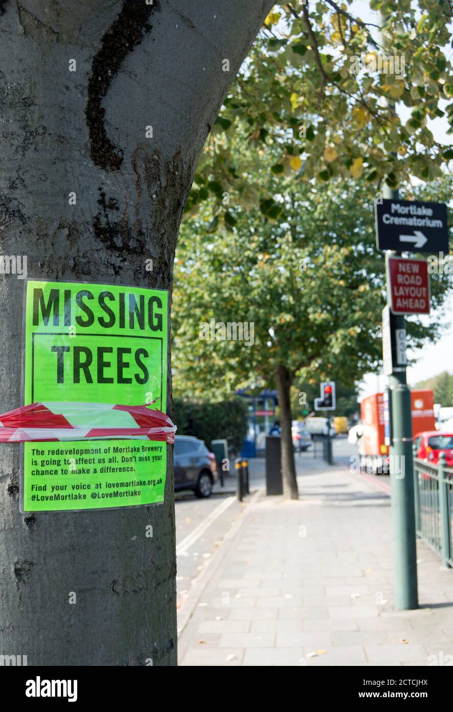 missing trees notice at chalkers corner, mortlake, london, england ...