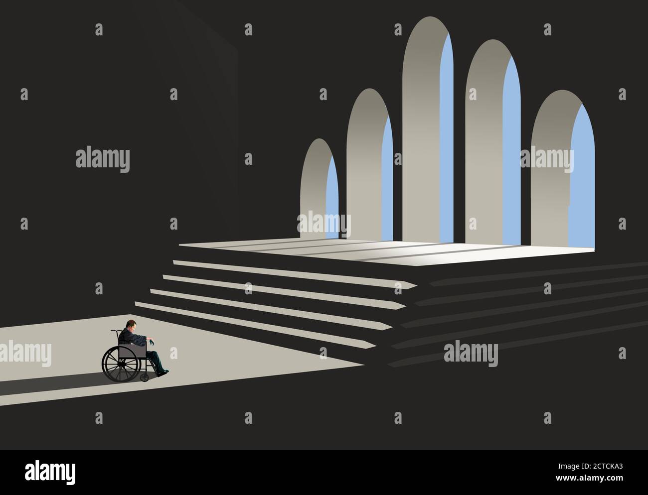 A man in a wheelchair faces an obstacles of stairs in a public building ...