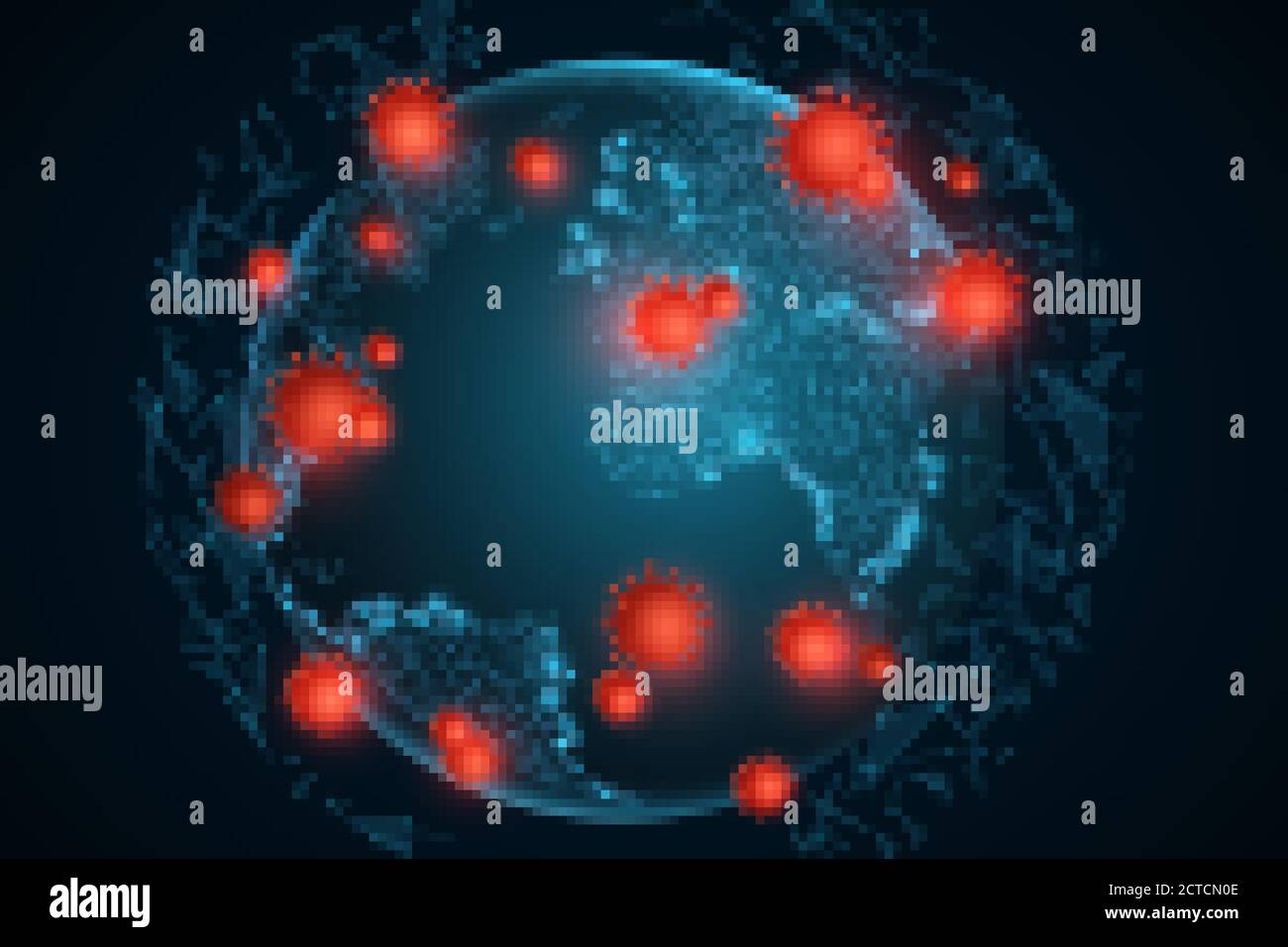 Earth globe in futuristic style with Covid-19 bacteria. Chinese ...